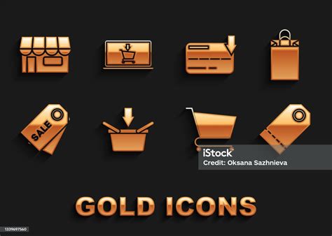 세트 장바구니 종이 쇼핑백 빈 라벨 템플릿 가격 태그 카트 비문 판매 신용 카드 건물 또는 시장 상점 및 화면 노트북 아이콘