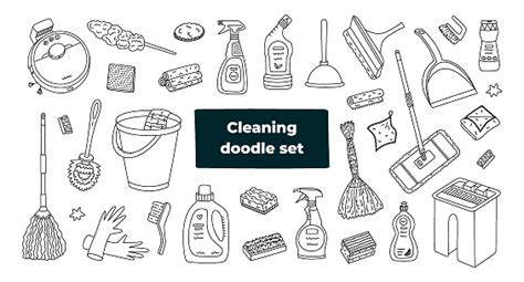 클렌징 용품이 있는 큰 손으로 그린 낙서 세트 흑백 컬렉션을 정렬하여 아파트의 먼지 때 먼지 쓰레기 엉망진창을 청소하십시오 사랑스러운 하우스 키핑 장치 및 클렌저 가사