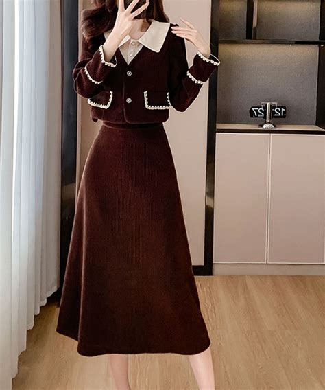 레트로 코듀로이 스커트 투피스 카라넥 페이크투피스 싱글버튼 배색라인 일자 크롭 숏 자켓 And 하이웨스트 A라인 미디 골덴 스커트 상하세트 복고풍 단정한 깔끔한 결혼식