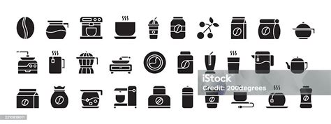 흰색 배경에 검은 색 실루엣으로 다양한 음료와 양조 장비를 특징으로하는 커피 숍 아이콘 모음 가루로 빻은에 대한 스톡 벡터 아트 및 기타 이미지 Istock