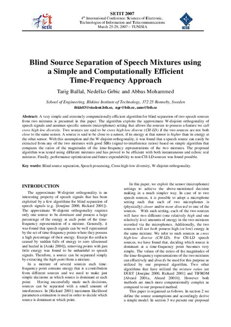 Pdf Blind Source Separation Of Speech Mixtures Using A Simple And Computationally Efficient