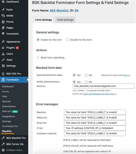 Forminator Form Settings Bannersky