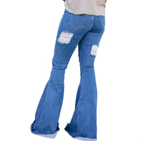 Badu Bg Дамски скъсани дънки с камбанка с висока талия Свободни прави панталони Широки панталони