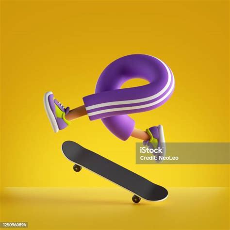 노란색 배경에 고립 된 3d 렌더링 만화 캐릭터 다리와 스케이트 보드 극단적 인 자유형 스케이트 보드 트릭 활동적인 라이프 스타일 스포츠 일러스트 3차원 형태에 대한 스톡