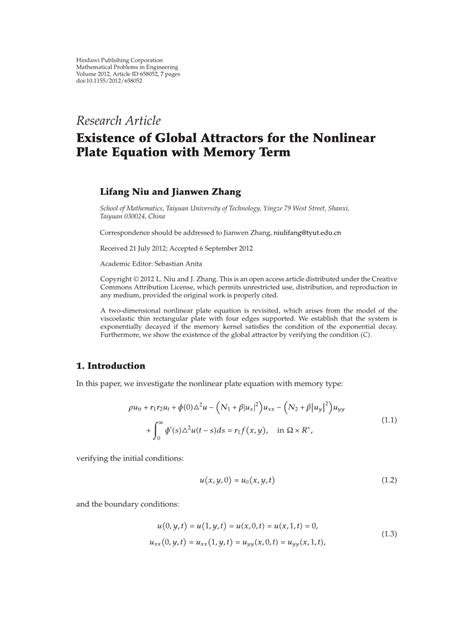 Pdf Existence Of Global Attractors For The Nonlinear Plate Equation With Memory Term