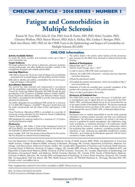 PDF Fatigue And Comorbidities In Multiple Sclerosis