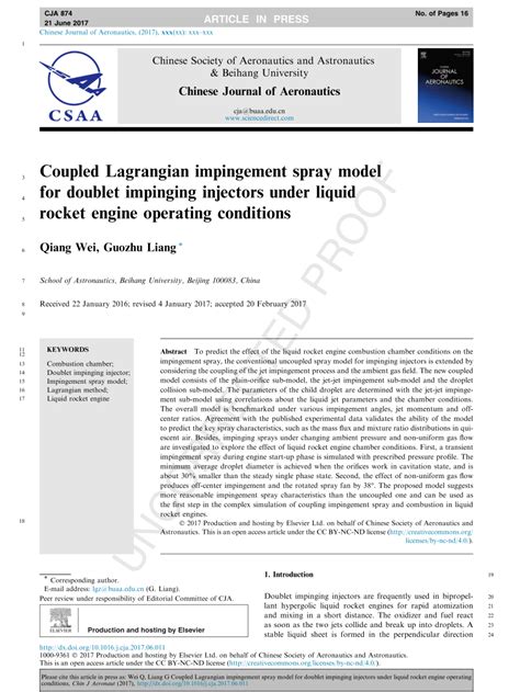 Pdf Coupled Lagrangian Impingement Spray Model For Doublet Impinging Injectors Under Liquid