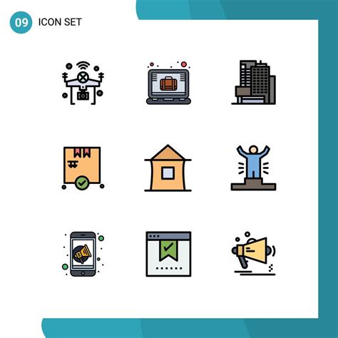 Pictogram Set Of Simple Filledline Flat Colors Of House Building Office Case Check Shopping