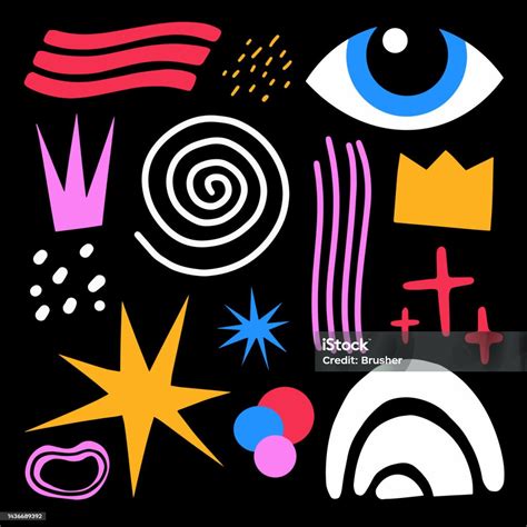 벡터 낙서 일러스트 레이 션 추상 모양 세트 복고풍 밝은 손 그리기 추상 만화 아이콘 어린이 스타일의 평면 만화 0명에 대한 스톡 벡터 아트 및 기타 이미지 Istock