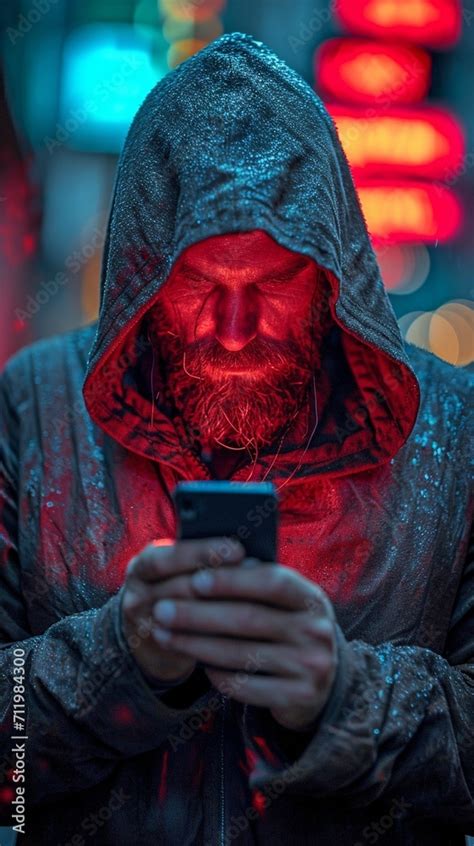 Foto Stock Hacking The Dark Web And The Darknet Hacker Using A Mobile Device Man Using A