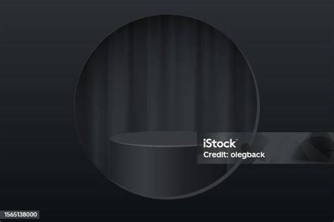 3d 럭셔리 블랙 포디움과 블랙 커튼이 쇼케이스 스튜디오 룸 벡터 일러스트레이션의 둥근 창에 있다 벽에 그림자가 있는 원형 틈새