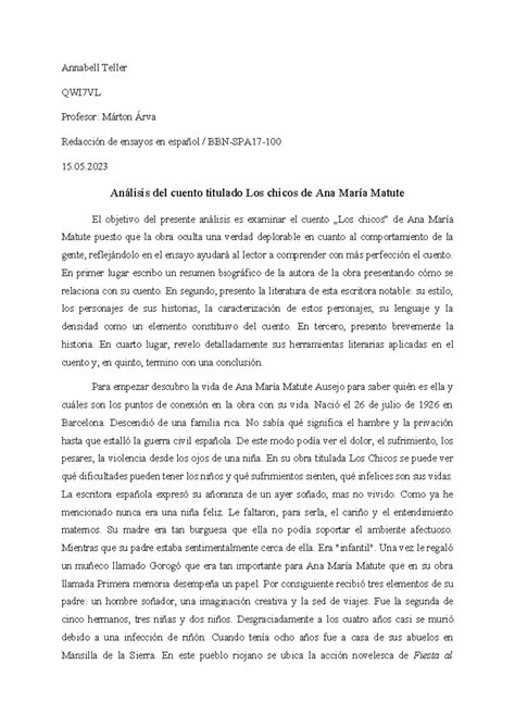 Análisis Del Cuento Titulado Los Chicos De Ana María Matute Annabell Teller Qwi7vl Profesor