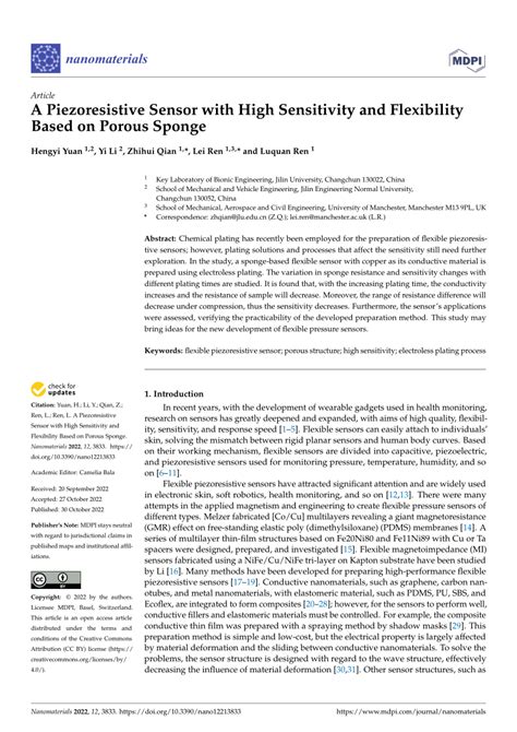 Pdf A Piezoresistive Sensor With High Sensitivity And Flexibility