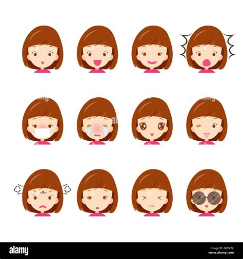 Cute Girl Emoticons Set Emoji Facial Feeling Mood Personality Symbol Stock Vector Image