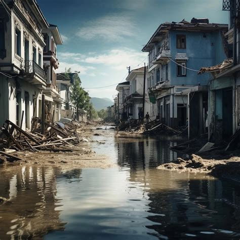 Inundación De La Ciudad Con Agua Destrucción De Casas Y Carreteras
