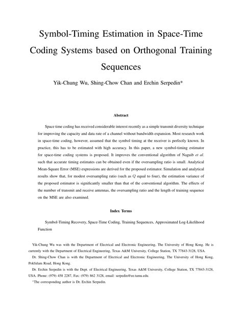Pdf Symbol Timing Estimation In Space Time Coding Systems Based On Orthogonal Training Sequences