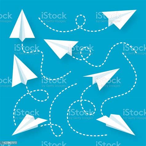 다양한 사실적인 백서 평면 컬렉션 점선으로 된 낙서 노선이있는 수제 종이 접기 항공기 비즈니스 개념 요소 프로젝트 시작 및 목표 달성 벡터 일러스트 레이 션 3차원 형태에