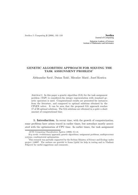 Pdf Genetic Algorithm Approach For Solving The Task Assignment Problem