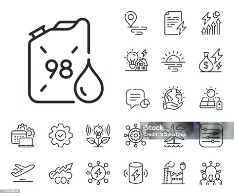 휘발유 용기 라인 아이콘입니다 98 석유 연료 표시 에너지 Co2 배기 및 태양 전지판 벡터 0명에 대한 스톡 벡터 아트 및