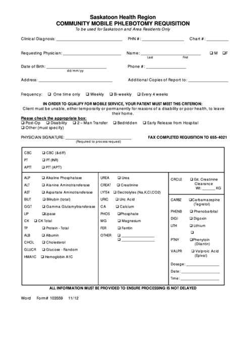 Form 103559 Community Mobile Phlebotomy Requisition Saskatoon