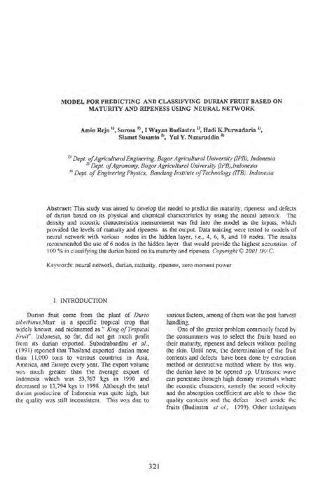 Pdf Model For Predicting And Classifying Durian Fruit Based On Maturity And Ripeness Using