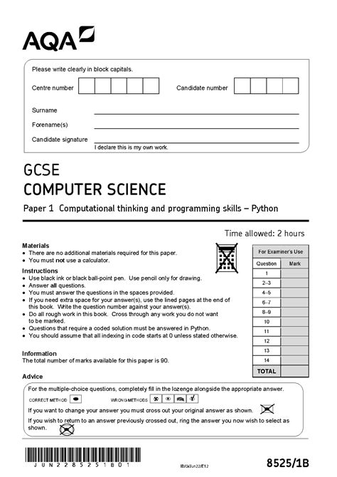 AQA GCSE COMPUTER SCIENCE PAPER JUNE QUESTION PAPER B Computational Thinking