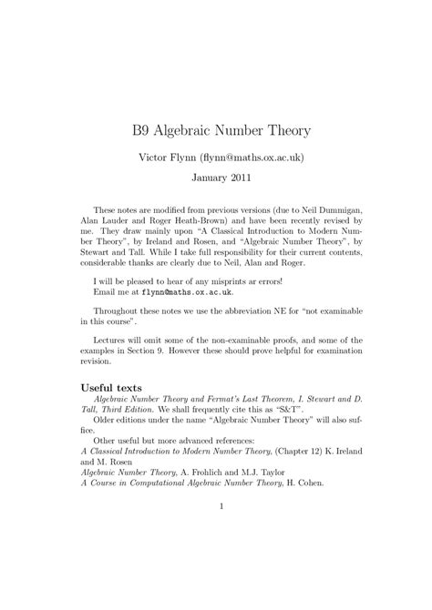 algebraic number theory lecture notes mathematics prof victor