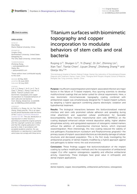 Pdf Titanium Surfaces With Biomimetic Topography And Copper