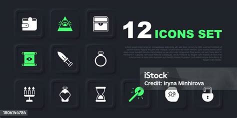 마법 룬 설정 자물쇠 열기 단검 지팡이 두루마리 사랑의 묘약이 담긴 병 모든 것을 보는 신의 눈 오래된 모래시계 아이콘 벡터 Freemasons에 대한 스톡 벡터 아트 및