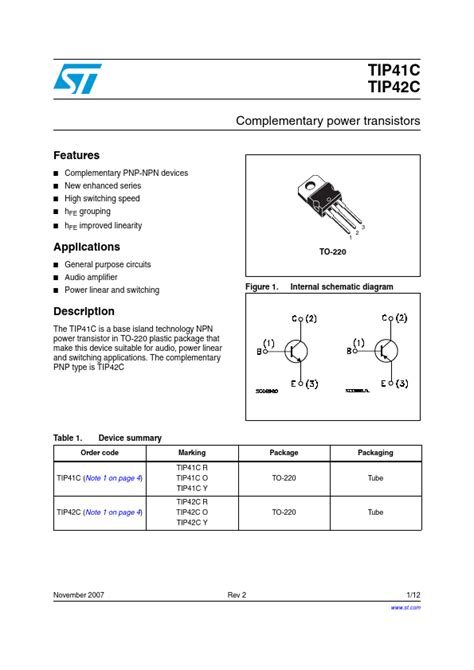 Tip42c Tip41c Complementary Power Transistor Stmicroelectronics