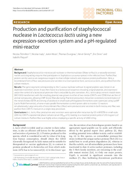 Pdf Production And Purification Of Staphylococcal Nuclease In Lactococcus Lactis Using A New