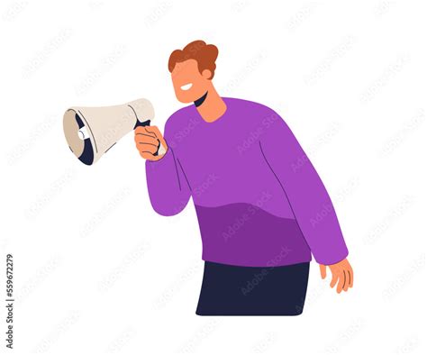 Person Holding Loudspeaker Man Announcing News With Loud Speaker In Hands Happy Character With