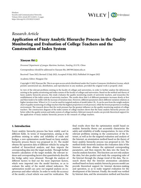 PDF Application Of Fuzzy Analytic Hierarchy Process In The Quality Monitoring And Evaluation