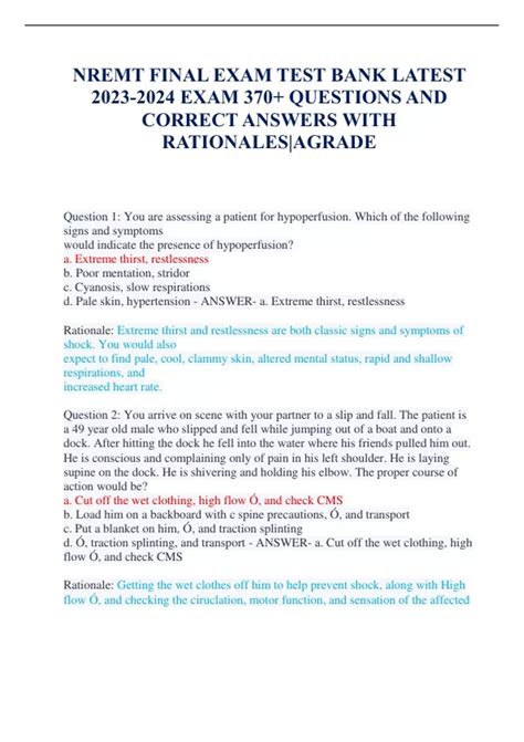 Nremt Final Exam Test Bank Latest Exam 370 Questions And Correct Answers With Rationales 2024