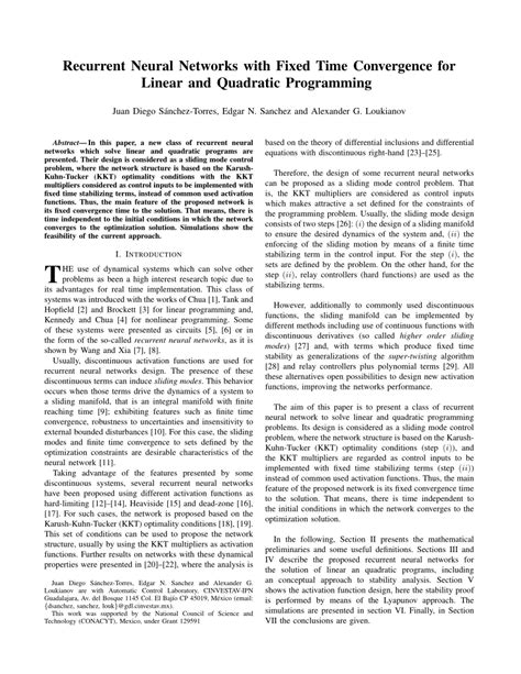 Pdf Recurrent Neural Networks With Fixed Time Convergence For Linear And Quadratic Programming