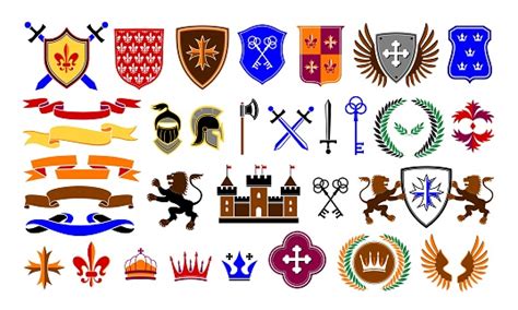 골동품 전령 엠블럼 템플릿입니다 전통적인 중세 무기 및 방패 라벨 왕관 사자 및 리본 벡터 세트 기사 사람의 역할에 대한 스톡