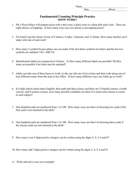 Fundamental Counting Principle Practice Worksheet
