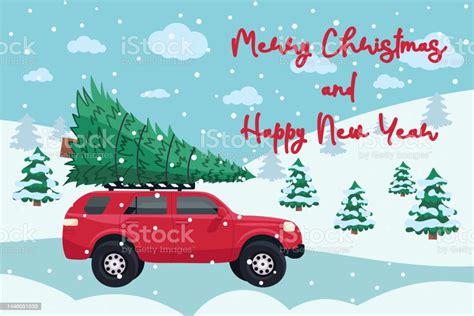 메리 크리스마스와 새해 복 많이 받으세요 엽서 또는 빨간 차와 크리스마스 전나무 트리와 포스터 템플릿 아름다움에 대한 스톡 벡터