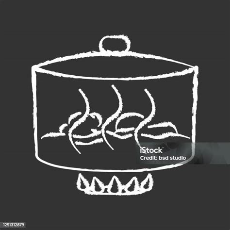 검은 배경에 분필 흰색 아이콘을 스튜 맛있는 그레이비 굴라쉬 준비 과정 요리 방법 요리 기술 고기와 야채 절연 벡터 칠판 그림팬