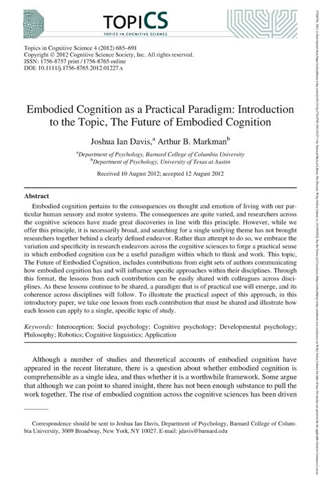 Topics In Cognitive Science 2012 Davis Embodied Cognition As A Practical Paradigm