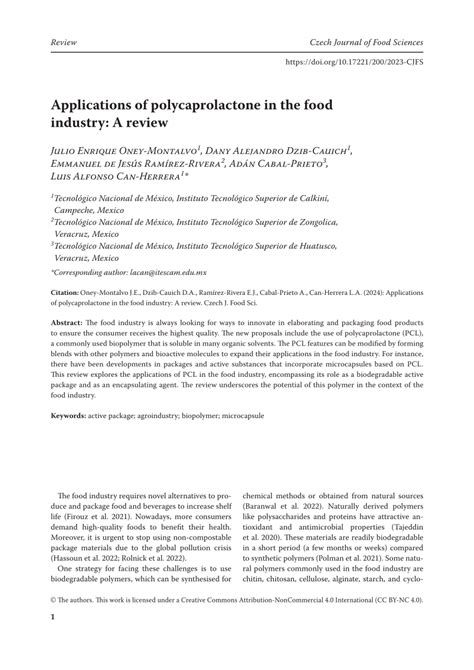 Pdf Applications Of Polycaprolactone In The Food Industry A Review