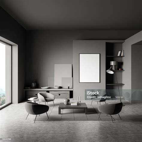 좌석과 장식 창문 및 모형 포스터가있는 회색 객실 인테리어 0명에 대한 스톡 사진 및 기타 이미지 0명 3차원 형태 가구