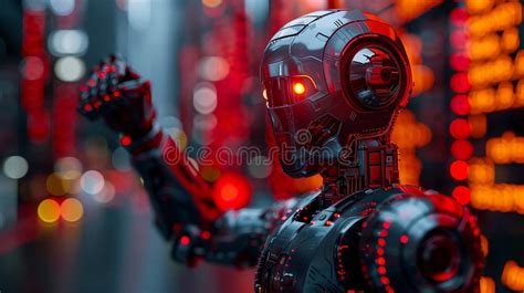 Futuristic Robot Standing Amidst A High Tech Data Center With Red Lighting Stock Image Image