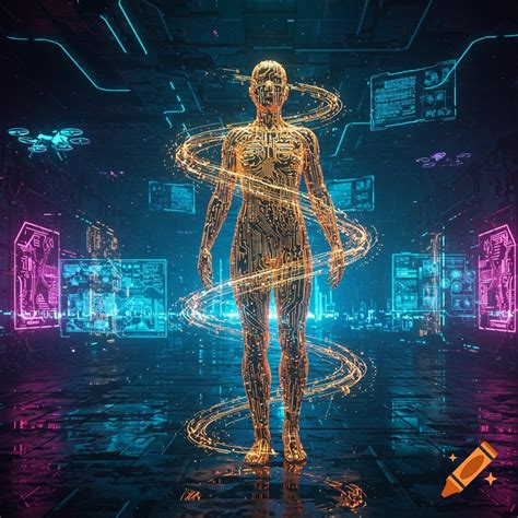 A Glowing Circuit Board Human Figure Stands In A Futuristic Neon Lit