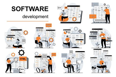 Software Development Concept With People Scenes Set In Flat Design Women And Men Creating Apps