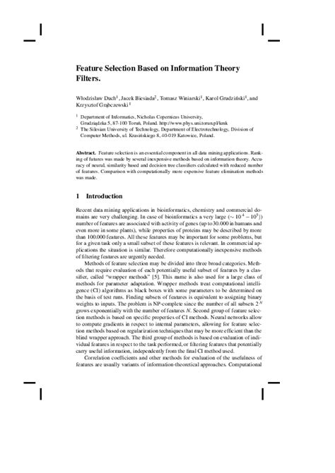 Pdf Feature Selection Based On Information Theory Filters