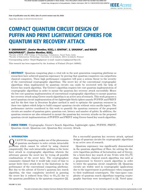 Pdf Compact Quantum Circuit Design Of Puffin And Print Lightweight