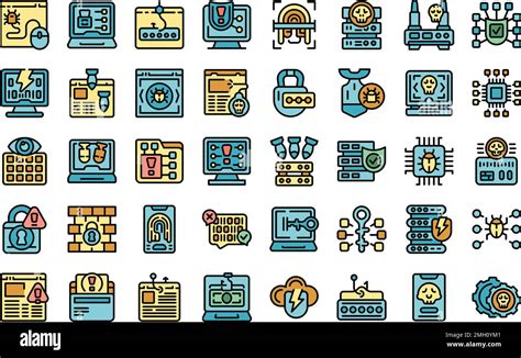 Hacker Attack Icons Set Outline Vector Fraud Attack Criminal Cyber Color Line Flat Isolated On