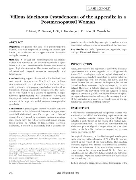Pdf Villous Mucinous Cystadenoma Of The Appendix In A Postmenopausal Woman