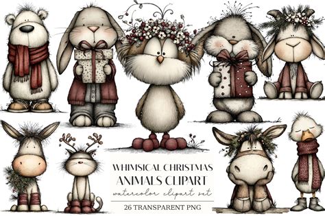 Whimsical Christmas Animals Clipart Png Graphic By Pink Studio